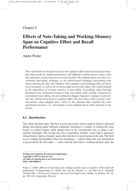 pdf effects of note taking and working memory span on cognitive effort and recall performance