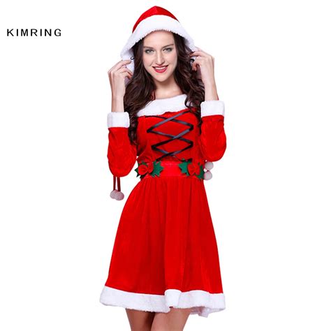 Kimring Women Christmas Dress Adult Red Long Sleeves Christmas Costumes Lovely Santa Claus Fancy