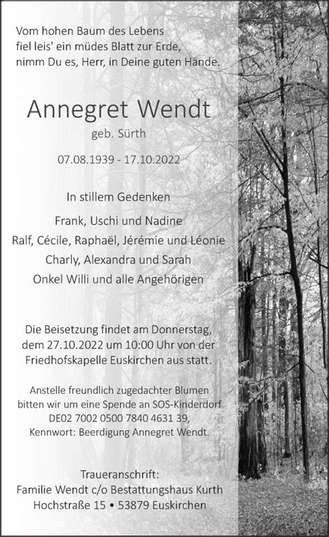 Traueranzeigen Von Annegret Wendt WirTrauern