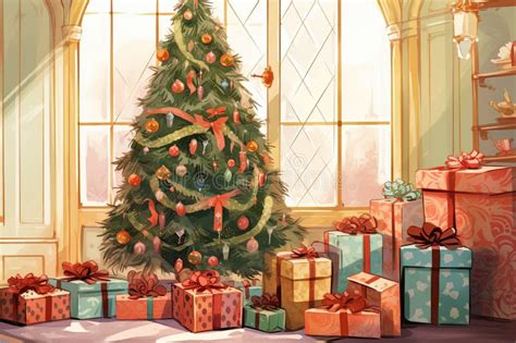 Decorations And Gifts Under The Tree Illustration Stock Image Image