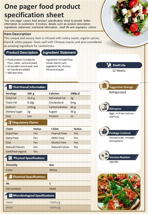 Food Product Spec Sheet Template