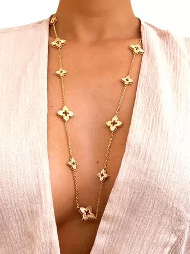 Colar Feminino Trevo Longo Banhado A Ouro 18k Semijoia Luxo