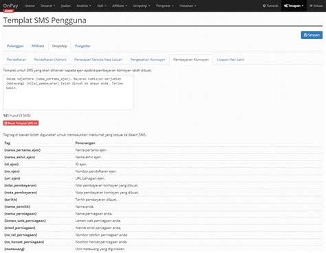 Tetapan Templat SMS Pengguna Tutorial OnPay