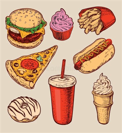 Hand Drawn Set Fast Food Vector Illustration Stock Vector