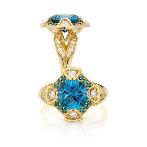 Cober Tropical Blue With Topaz 12 Blue Diamonds And 24 Diamonds Ring