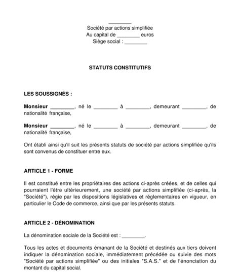Statuts SAS Exemple Modèle à Remplir Word PDF
