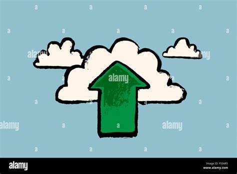 Illustration Of Clouds And Green Arrow Symbol Against Blue Background