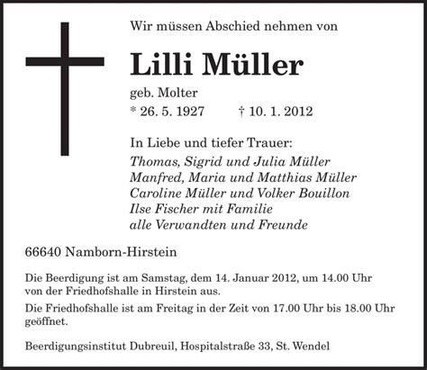 Traueranzeigen von Lilli Müller Saarbruecker Zeitung Trauer de