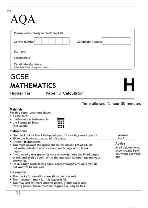 AQA GCSE MATHEMATICS 8300 3H Higher Tier Paper 3 And Marking Scheme