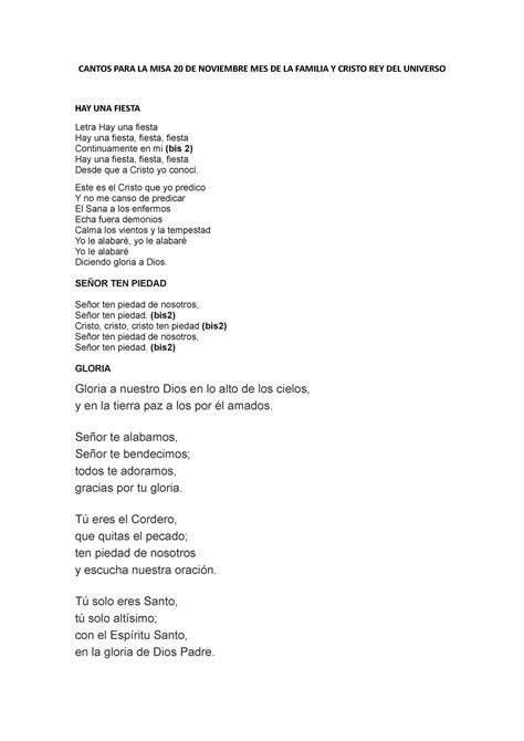 Cantos PARA LA MISA 20 DE Noviembre MES DE LA Familia Y Cristo REY DEL