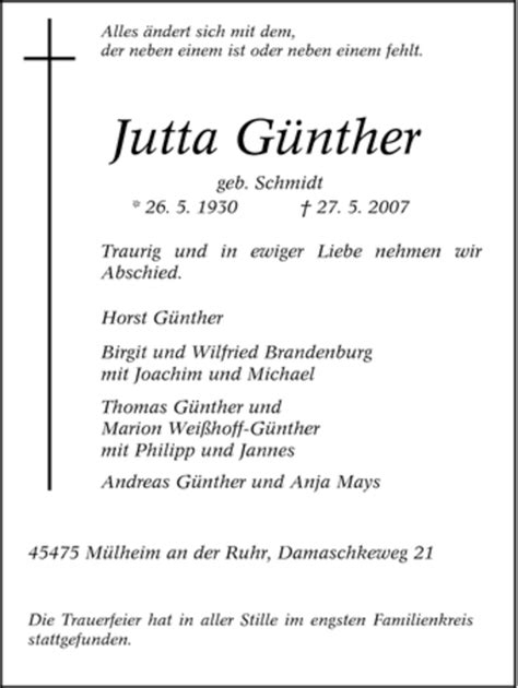 Traueranzeigen von Jutta Günther Trauer in NRW de