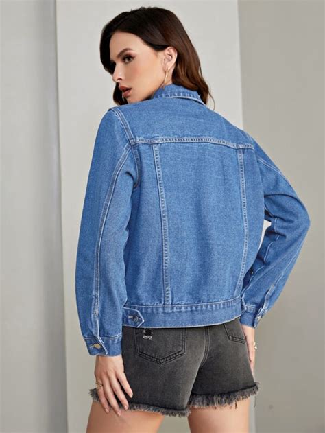 Shein Essnce Cazadora Mezclilla Con Bolsillo Con Solapa Moda De Mujer