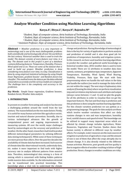 irjet analyze weather condition using machine learning algorithms pdf