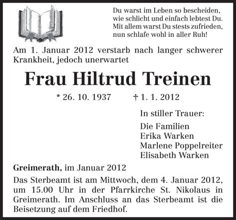 Traueranzeigen Von Hiltrud Treinen Volksfreund Trauer De