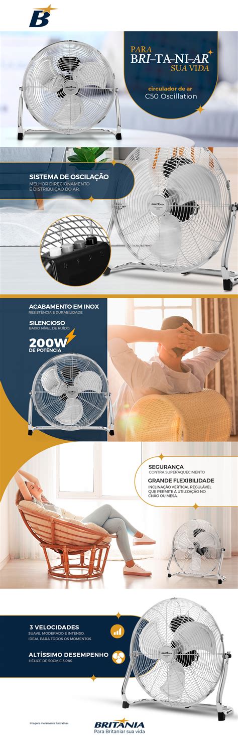 Circulador de Ar Britânia C50 Oscillation 200W Casa Vídeo