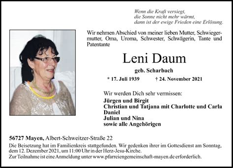 Traueranzeigen Von Leni Daum Rz Trauer De