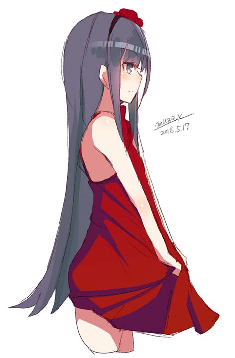 Safebooru 1girl Bangs Bare Arms Bare Shoulders Black Hair Blush Closed Mouth Dated Dress