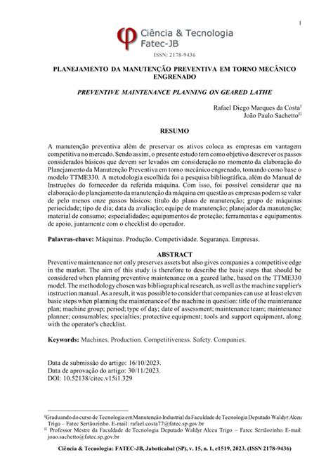 PDF PLANEJAMENTO DA MANUTENÇÃO PREVENTIVA EM TORNO MECÂNICO ENGRENADO