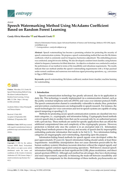 pdf speech watermarking method using mcadams coefficient based on random forest learning