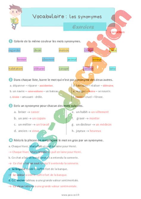 Les synonymes Exercices de vocabulaire pour le ce2 PDF à imprimer