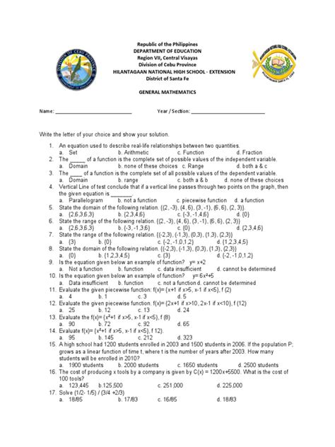genmath exam pdf function mathematics mathematical analysis