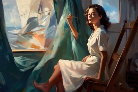 Premium Photo A Woman Artist Sitting On A Chair Painting Beautifully
