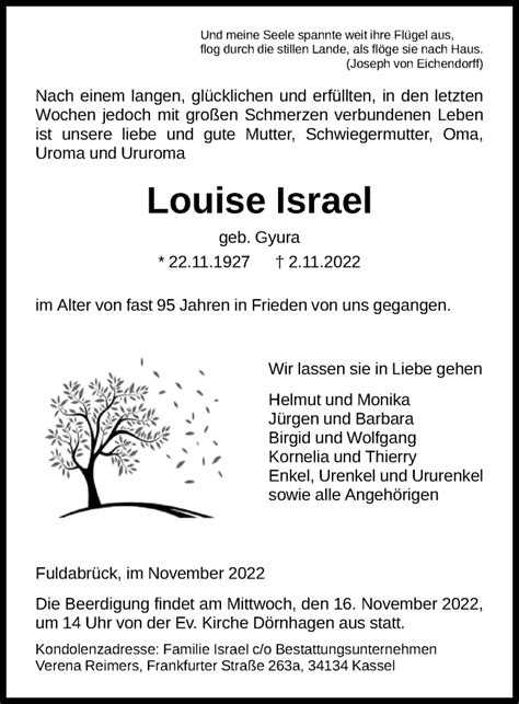 Traueranzeigen Von Louise Israel Trauer HNA De