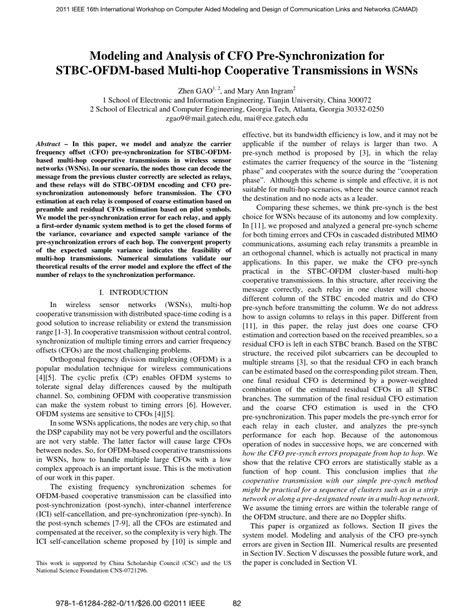 pdf modeling and analysis of cfo pre synchronization for stbc ofdm based multi hop cooperative