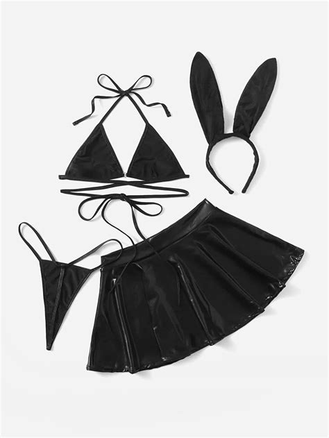 Pratiharye Premium 3piece Pu Leather Sexy Lingerie For Women Rabbit Outfit Naughty Lovely