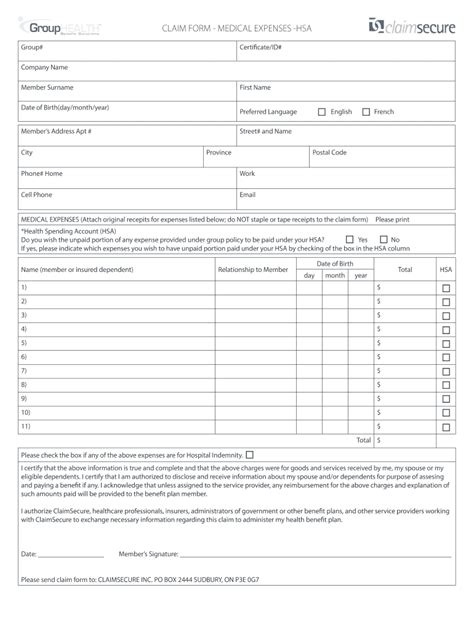 Fillable Online EHC HSA ClaimSecure Claim Form GroupHEALTH Fax