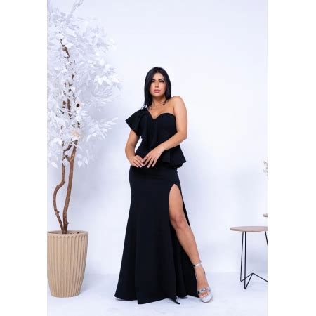 Vestido De Festa Longo Fenda De Um Ombro S Babados Preto