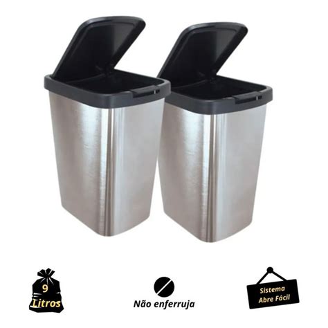 Kit 2 Lixeira Cesto 9 Litros Inox Tampa Click Casas Bahia