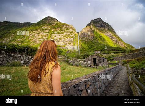 Amazing Waterfall Flores Island Azores Travel Destination Stock