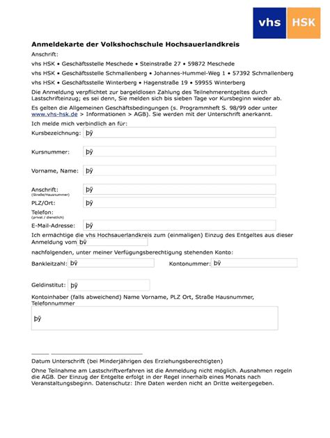 Ausfüllbar Online vhs hsk Anmeldekarte der Volkshochschule