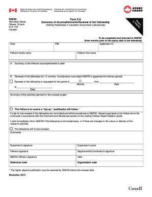 Fillable Online Nserc Crsng Gc Form E 6 Summary Of Accomplishments