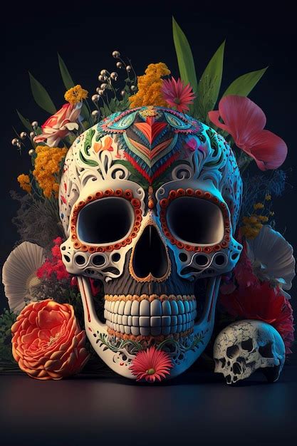 Calavera de azúcar adornada con flores vibrantes Catrina Calavera Día