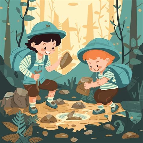 Día del niño Niños haciendo una búsqueda del tesoro en un bosque
