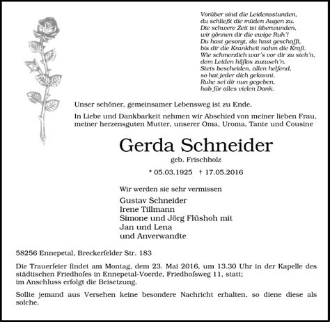 Traueranzeigen Von Gerda Schneider Trauer In Nrw De