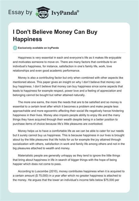 I Don T Believe Money Can Buy Happiness 814 Words Essay Example