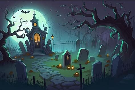 Premium AI Image Cartoon Illustration Of A Graveyard With A Cemetery