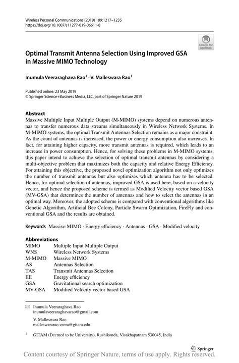 optimal transmit antenna selection using improved gsa in massive mimo technology request pdf