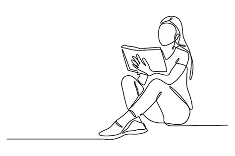 Dibujo de línea continua de mujer joven leyendo un libro en el vector