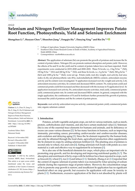 pdf selenium and nitrogen fertilizer management improves potato root function photosynthesis