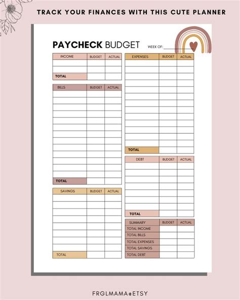 Boho Weekly Budget Overview Template Printable Paycheck Budget