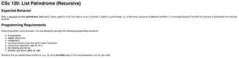 solved csc 120 list palindrome recursive expected