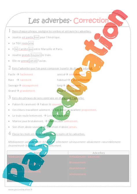 Adverbes Ce2 Exercices corrigés Pass Education