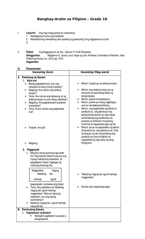 Masusing Banghay Aralin Sa Filipino Detailed Lesson Plan In Filipino I