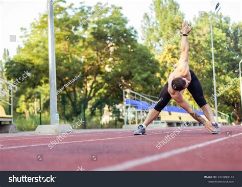 Athletic Man Naked Torso Practicing Stretching Stock Photo 2119869152