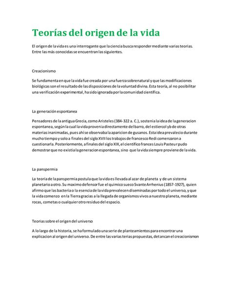 Teorias Del Origen De La Vida PDF Descarga Gratuita