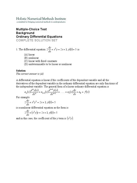 multiple choice test de odes pdf differential equations ordinary differential equation